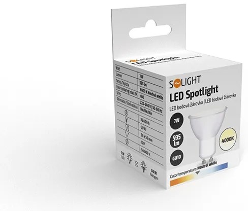 SOLIGHT LED žárovka bodová PAR16 7W, GU10, 4000K, 595lm, studená bílá