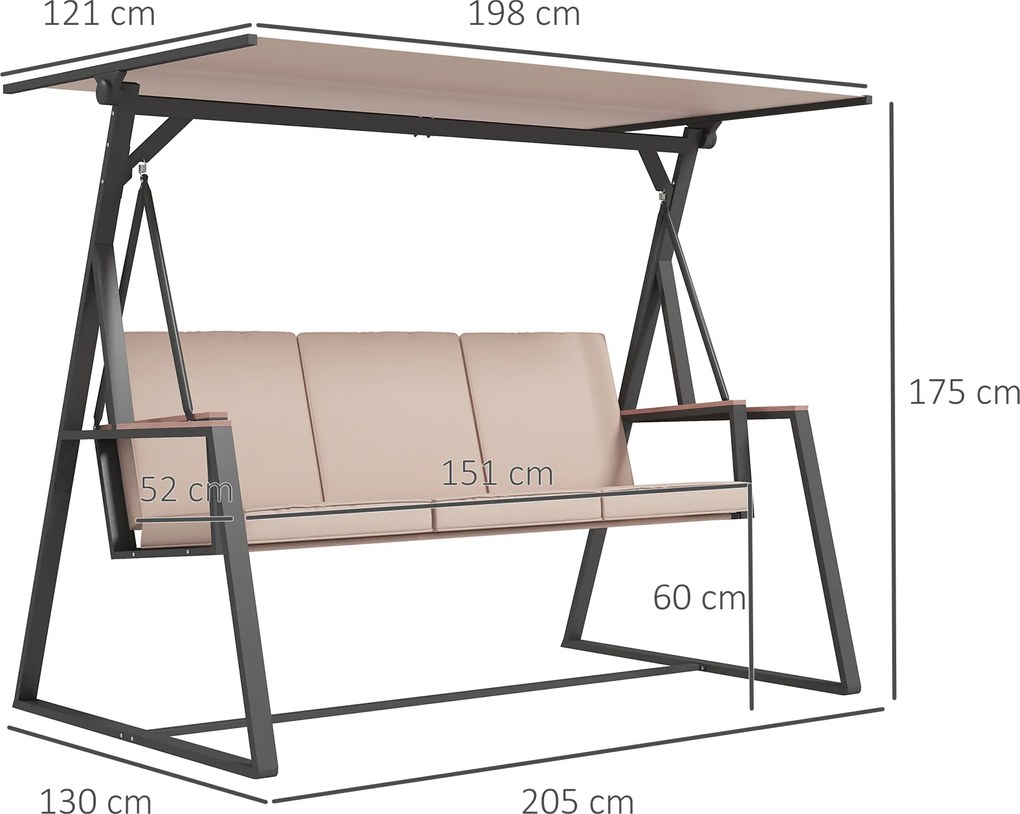 Hollywoodschaukel, 3-Sitzer Gartenschaukel, mit erstellbarem Sonnendach, wetterfest, Khaki