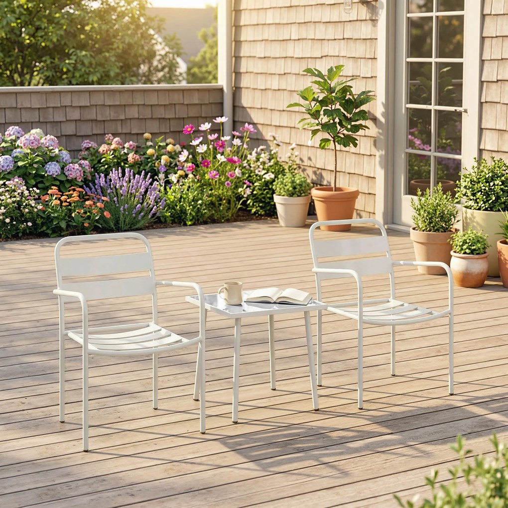 Bistro set 3dílná sada kovového zahradního nábytku se 2 zahradními židlemi, skleněný stůl, lamelový design, odolný proti korozi