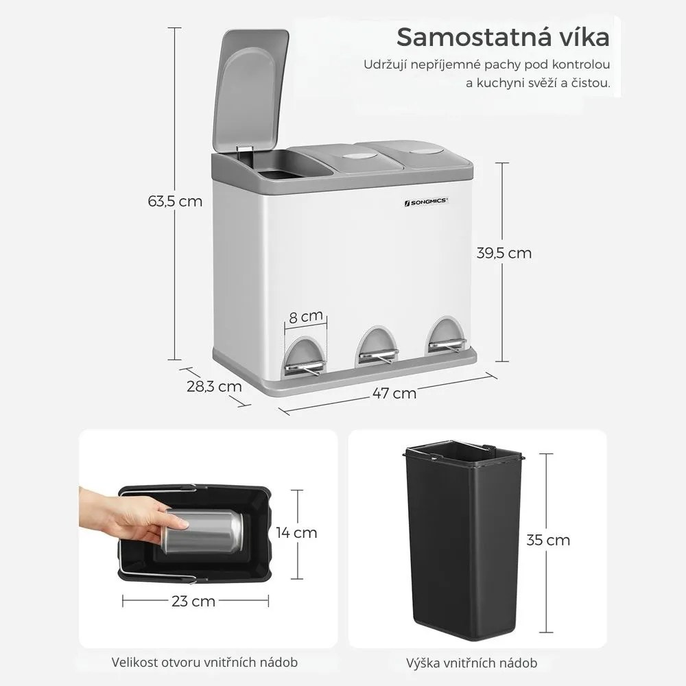 Koš na třídění odpadu SORT 24l (3x8l), šedá/bílá SongmicsHome