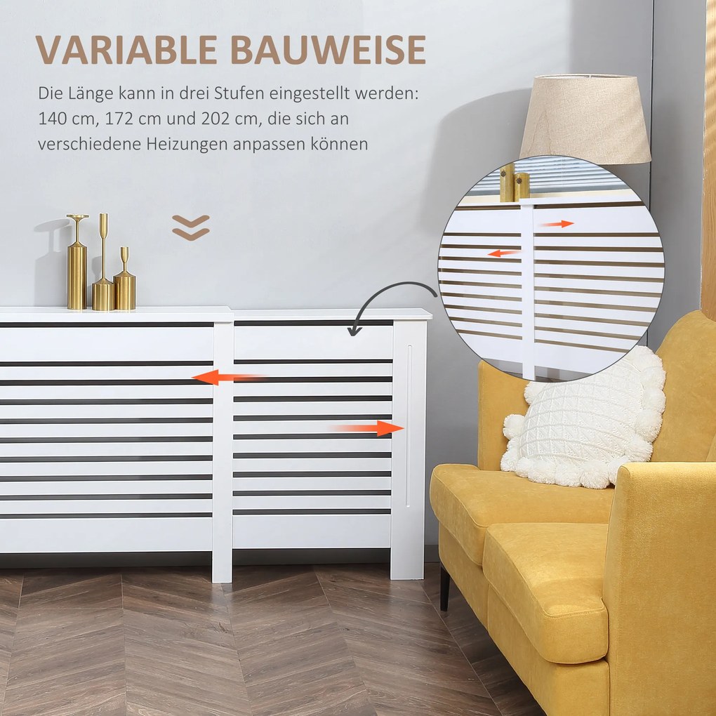 HOMCOM Nastavitelný kryt radiátoru s horní policí z MDF a dřeva, 140-202x19x82,5 cm, bílý