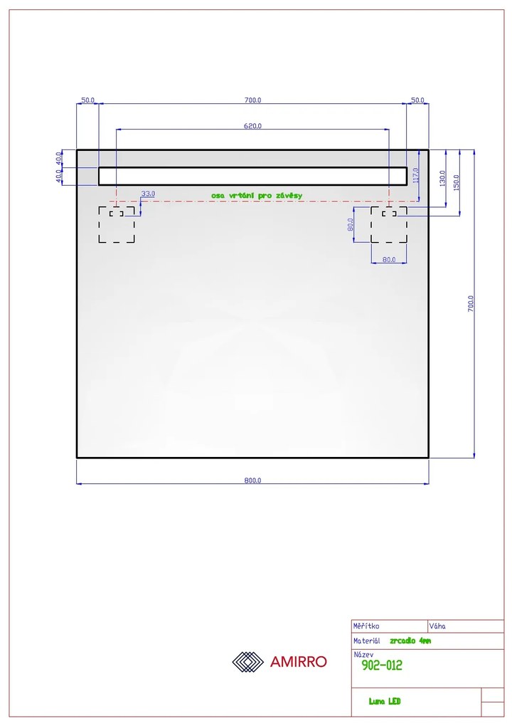 Amirro Zrcadlo na zeď chodbu do pokoje ložnice předsíně koupelny LUNA LED - 80 X 70 cm s LED podsvíceným pruhem 902-012