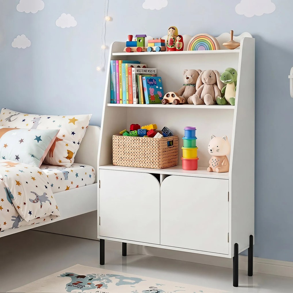 Costway Montessori dřevěná dětská polička s 3 otevřenými přihrádkami a 2 dvířky