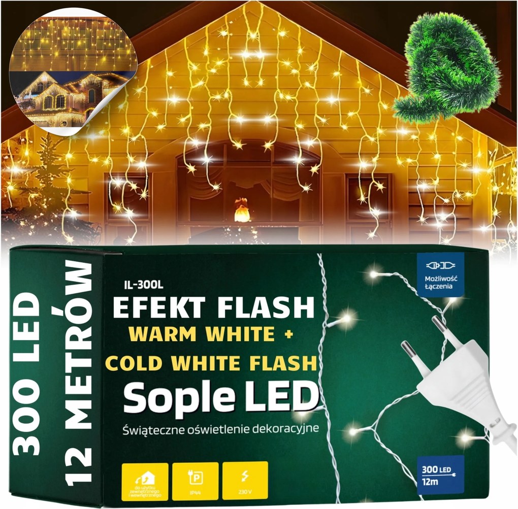 Kurtyna 300 Led Rampouchy Bílé Teplé Venkovní Osvětlení Flash Osvětlení 12 M