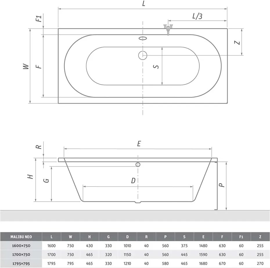 Obdélníková akrylátová vana MALIBU NEO S 1600 × 750 MALIBU NEO /160 200 l 9200000
