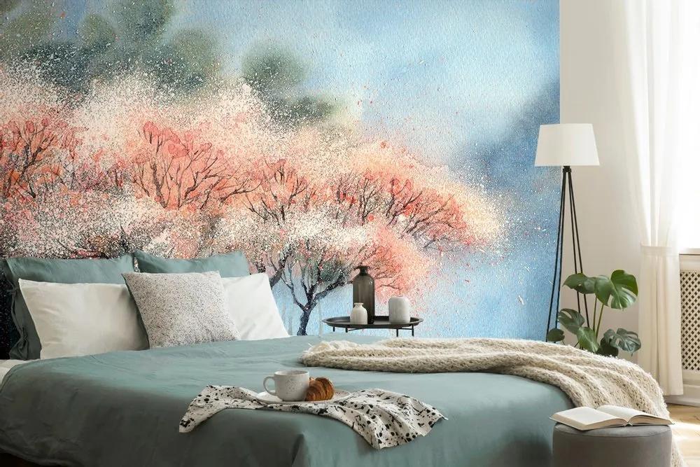 Samolepící tapeta akvarelové kvetoucí stromy - 300x200 cm