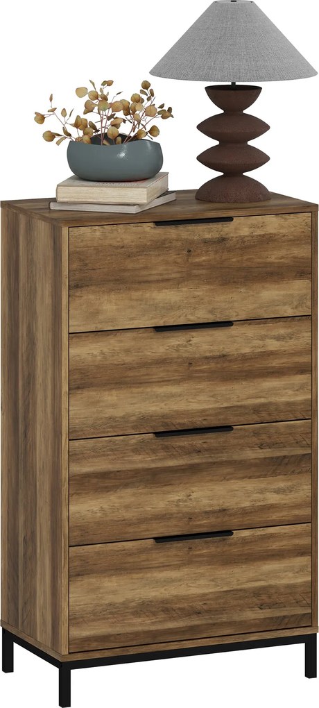 HOMCOM komoda 4 zásuvky se zajištěním proti převrácení, černé úchyty, dřevodekor, 62 × 35 × 105 cm — světlá hnědá | Aosom