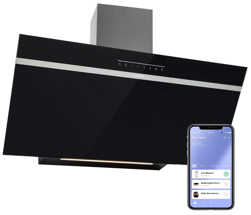 Klarstein Ava 90 Smart, digestoř, 90 cm, nástěnná, Wi-Fi, A++, 585 m³/h, dotykový displej