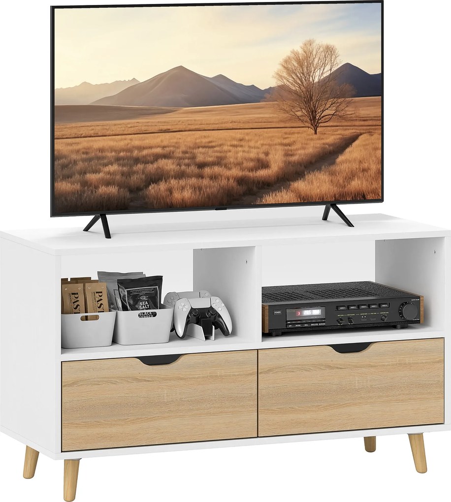 HOMCOM TV skříňka s 2 policemi a zásuvkou, 99 cm dlouhý TV stolek pro televizi, TV jednotka do obývacího pokoje, Bílá, 99 x 39 x 58,3 cm | Aosom