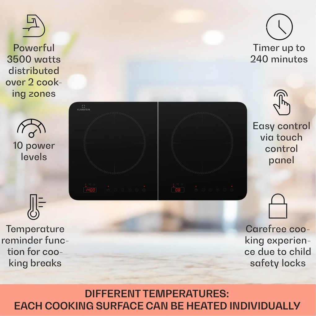 Klarstein Cookio, indukční varná deska, 3500 W, 2 zóny, časovač, sklokeramika