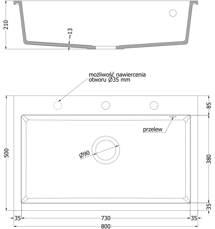 Mexen Elix, 1-korový granitový dřez 800 x 500 mm, šedá, zlatý sifon, 6527801005-71-G