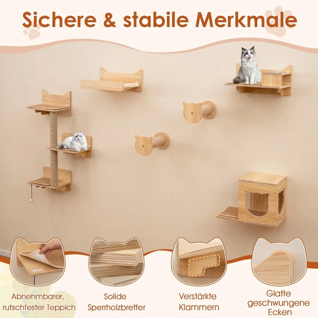 Costway 6 PCS lezecká stěna Škrabadlo pro kočky s platformami Mísa Houpací síť
