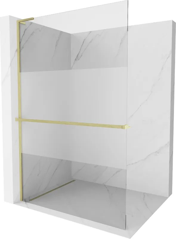 Mexen Kioto+ L, sprchová zástěna Walk-In s poličkou a věšákem 90 x 200 cm, 8mm čiré sklo-námraza, zlatý matný profil, 800-090-123-55-35