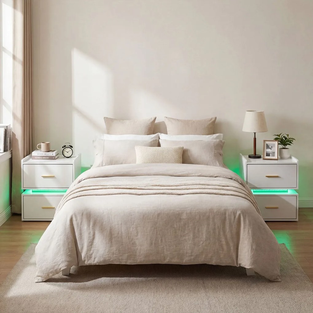 Costway Noční stolek s nabíjecí stanicí LED 2 zásuvkami moderní poloplovoucí