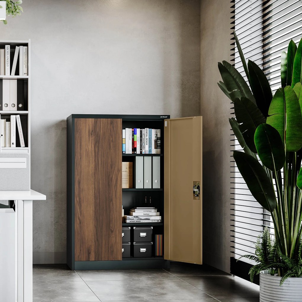 Nízká kovová kancelářská skříň se 3 policemi, antracit/ořech, 900x1400x400 mm: KEVIN Eco Design