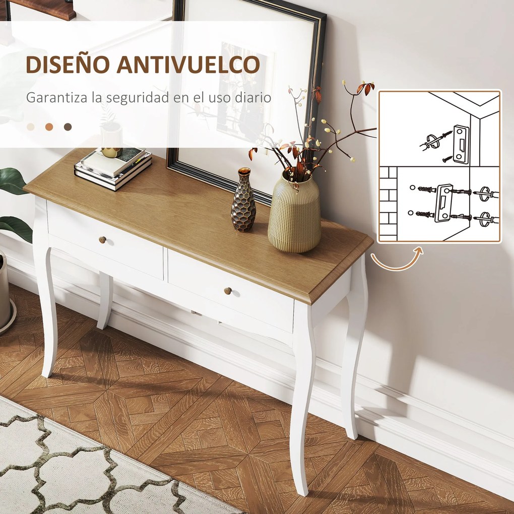 HOMCOM Zrcadlový stolek do předsíně s 2 zásuvkami v francouzském stylu pro chodbu, ložnici a obývací pokoj 100x35x76,5 cm Bílá a tmavě hnědá