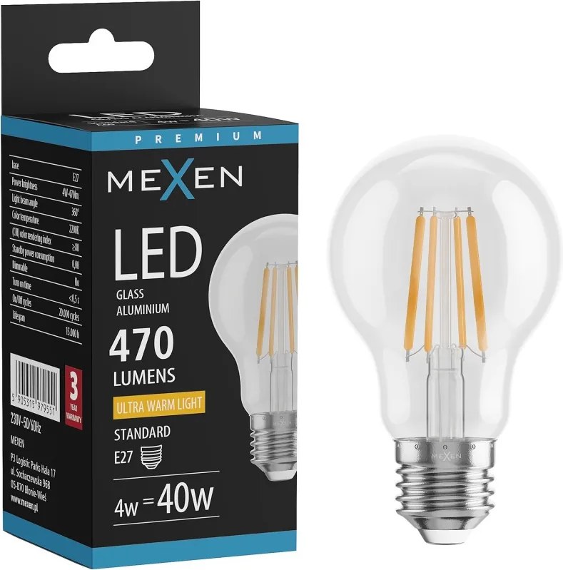 Mexen Vintis, LED filamentová žárovka E27, A60, 4 W, teplá bílá 2200K, čirá, L150-E27-0422-00