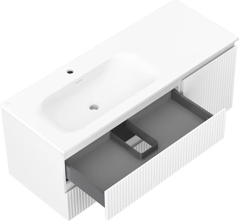 Mexen Rivel, koupelnová skříňka 120 cm s levým umyvadlem Vela, 2S, 1D, drážkovaná, bílá matná, 91A23-12047-3-BBFFF01-W23L01