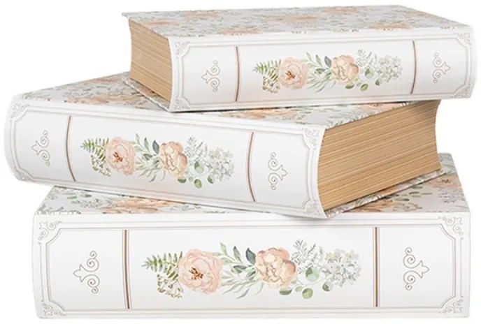 Sada 3 bílých úložných boxů ve tvaru knihy s oranžovými květy – 29x24x7/25x20x6/22x16x5 cm