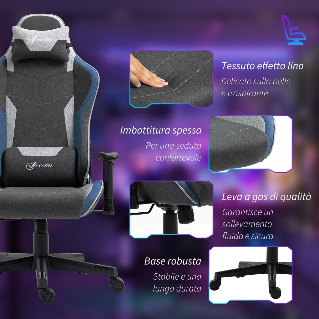 Ergonomická herní židle Vinsetto s opěrkami, opěrkou hlavy, nastavitelnou výškou a sklápěcí kancelářská herní židle v lněné tkanině s houpací funkcí …