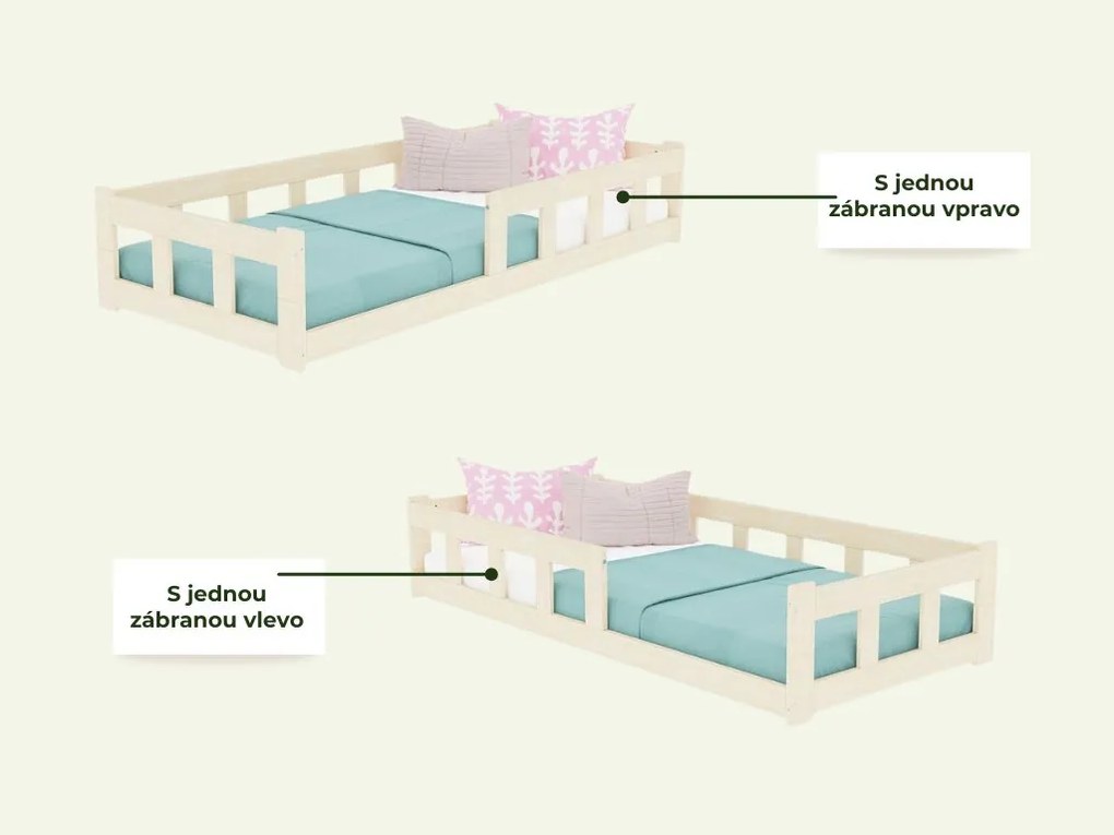 Benlemi Nízké postele FENCE 4v1 s přední zábranou pro dvě děti Zvolte barvu: Transparentní vosková lazura matná, Zvolte rozměr: 90x200 cm, Zvolte zábranu: Jedna vlevo, druhá vpravo