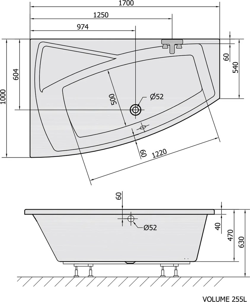 Polysan EVIA L asymetrická vana 170x100x47cm, bílá 21611