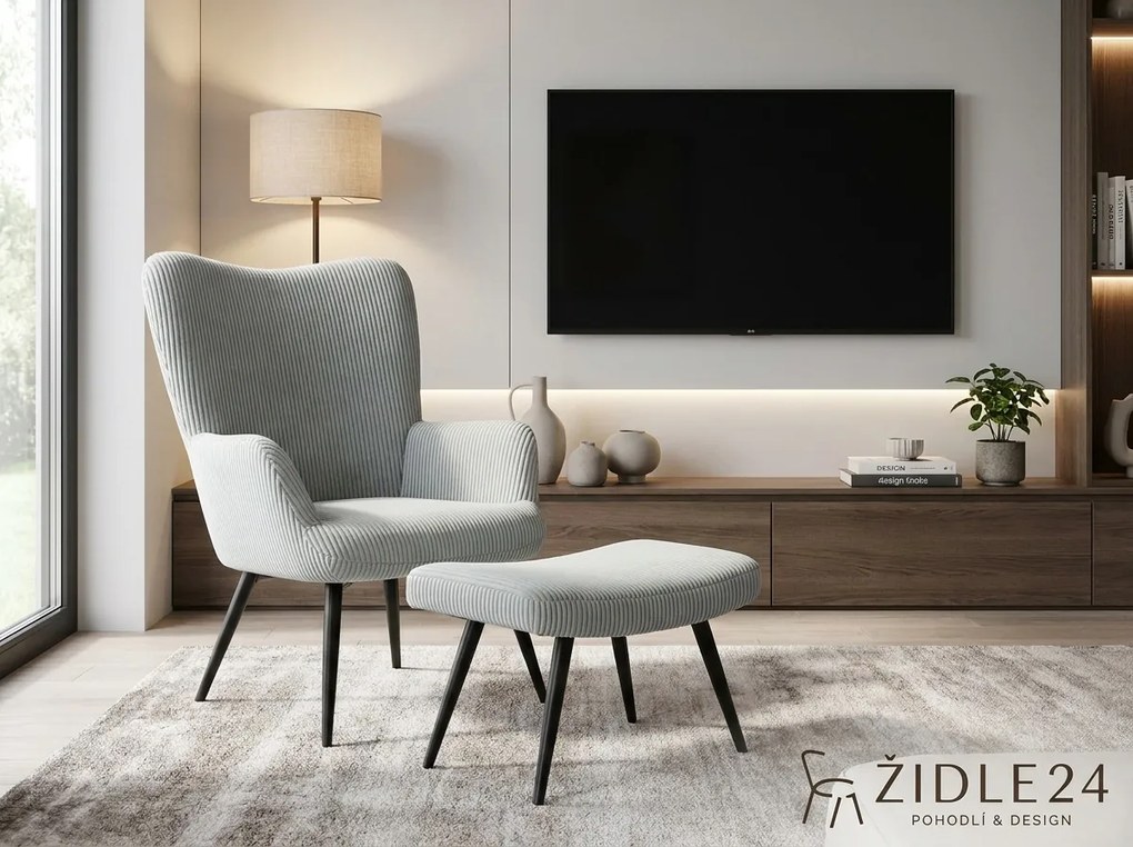 Relaxační křeslo ušák s podnožkou ARIA - modrý manšestr
