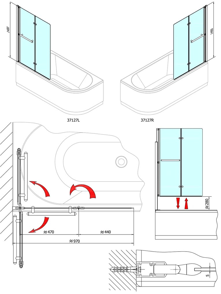 Polysan, ODESSA pneumatická vanová zástěna 970mm, stříbrný rám, čiré sklo, 37127