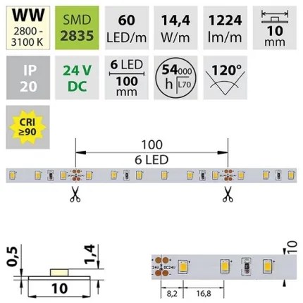 LED pásek McLED 24V teplá bílá CRI90 š=10mm IP20 14,4W/m 60LED/m SMD2835 ML-126.700.60.2