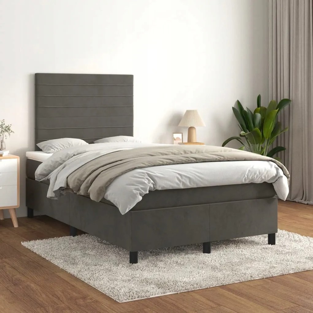 Box Spring Postel S Matrací Samet Tmavě Šedá vodorovné pruhy 120 x 200 cm