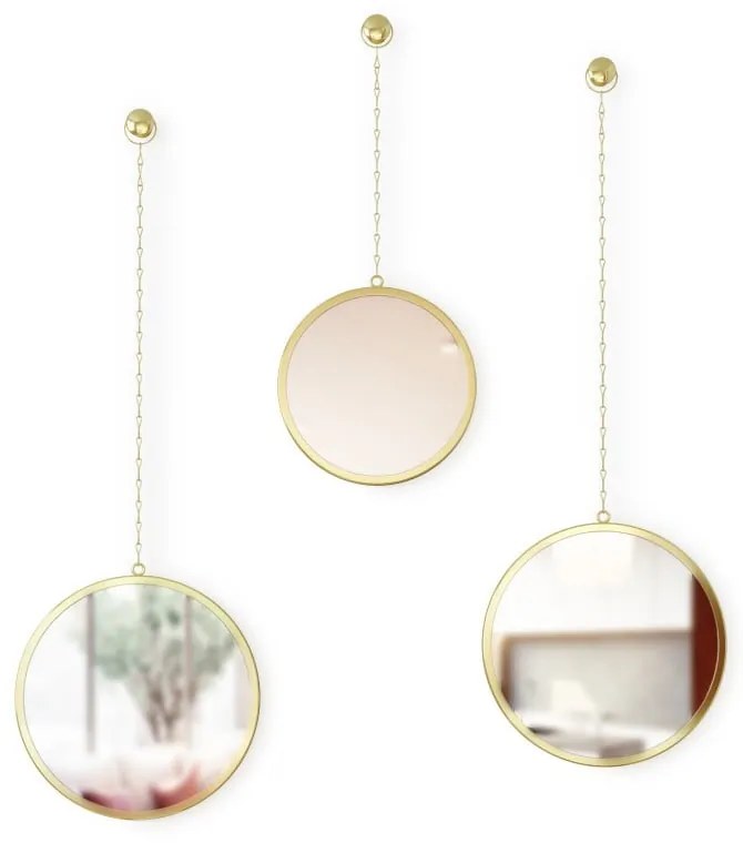 Sada 3 závěsných zrcadel na řetězu ve zlaté barvě Umbra Rondo