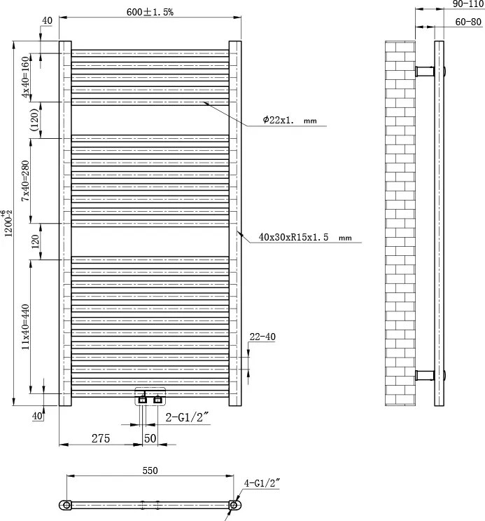 BPS-koupelny Koupelnový radiátor HYD-COR-BL-1 60x120 cm, černý
