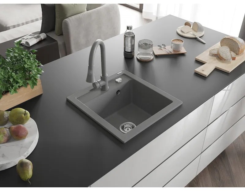 Mexen Vito, 1-komorový granitový dřez 490x520x210 mm a dřezová baterie Elia, šedá, 6503-71-670101-71