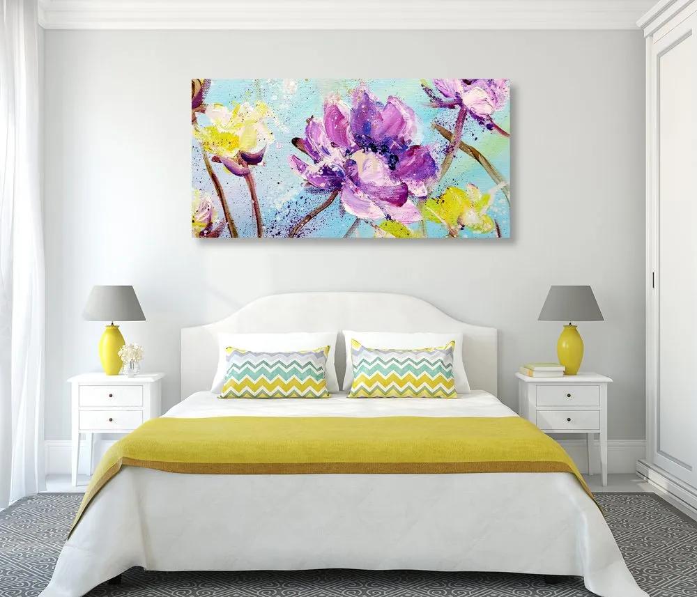 Obraz malba žlutých a fialových květů Varianta: 100x50