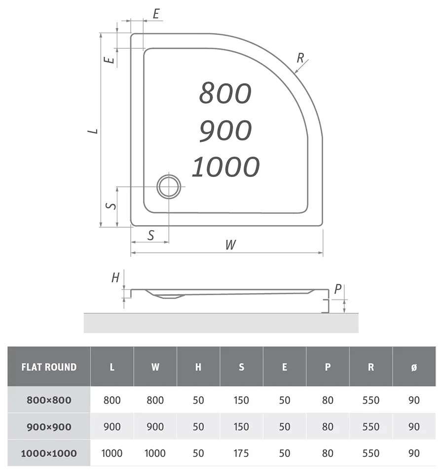 Roth Čtvrtkruhová akrylátová sprchová vanička FLAT ROUND Varianta: rozměry: 100x100 cm - (FLAT ROUND 1000 - 8000117)