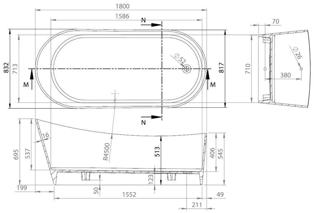 Vayer Cetus volně stojící vana 180x83 litý mramor, s přepadem