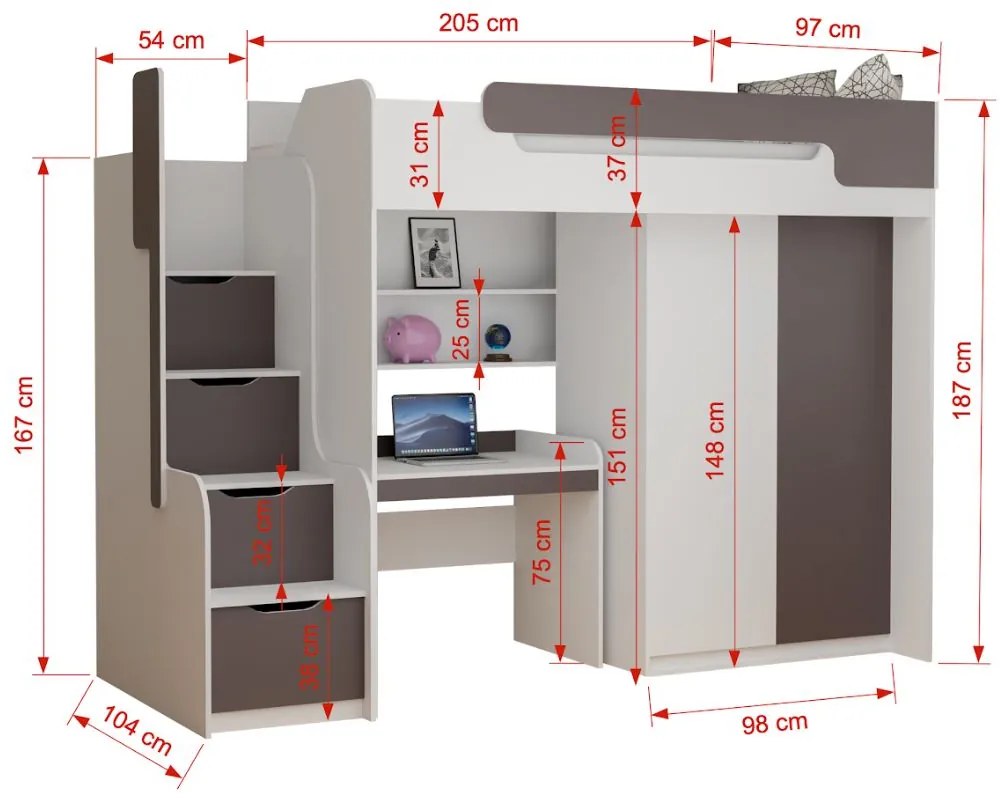 Dětská vyvýšená postel s psacím stolem a skříní DORIAN - 200x90 cm - grafitová