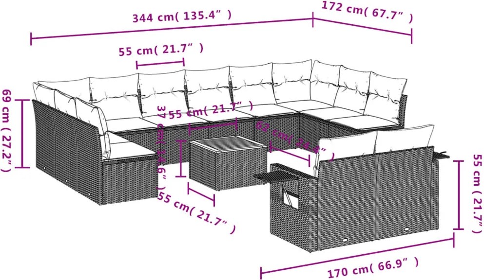13dílný zahradní sedací souprava s poduškami černý polyratan 3257126
