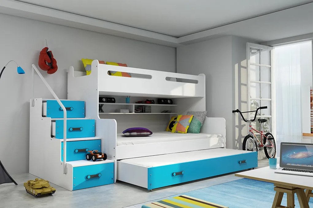 BMS Group Dětská multifunkční postel se schůdky a přistýlkou MAX 3 200x120 modrá Modrá