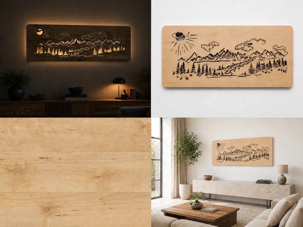 Li-Go "Hory, les" světelný obraz s baterií a pohybovým čidlem 120x40cm provedení povrchu: bříza