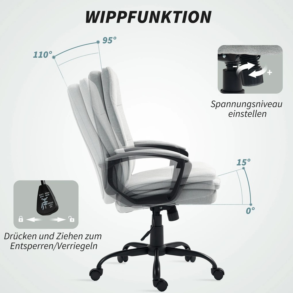 Ergonomická kancelářská židle HOMCOM s opěrkami, výškově nastavitelná otočná židle s houpací funkcí, vzhled lnu, tuftovaná počítačová židle, šedá