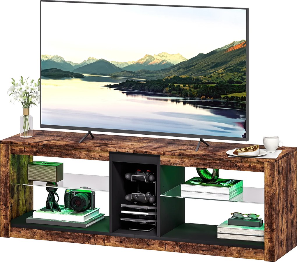 HOMCOM TV nábytek s LED světly a dálkovým ovládáním, otevřené police a přihrádky, 140x35x47 cm, hnědý