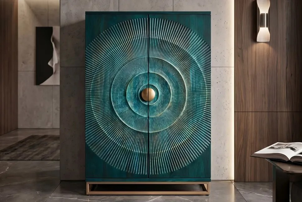 Designová barová skříňka Golden Sunset smaragdová 95 cm