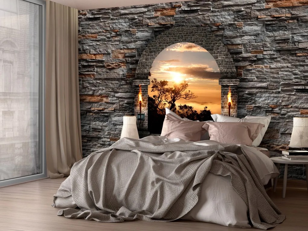 Tapeta Kamenná zeď s oknem (200x140 cm) - Murando DeLuxe