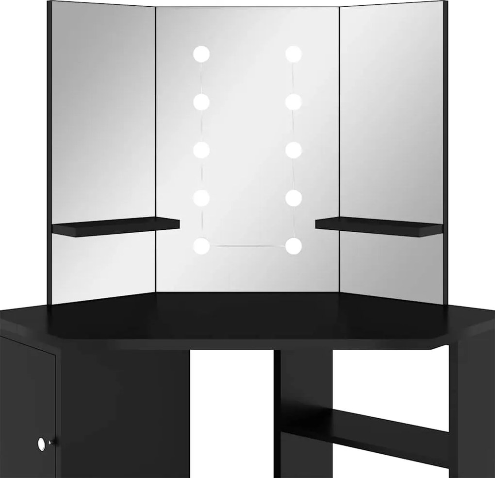 Rohový toaletní stolek s LED světlem černý 111 x 54 x 141,5 cm 326534