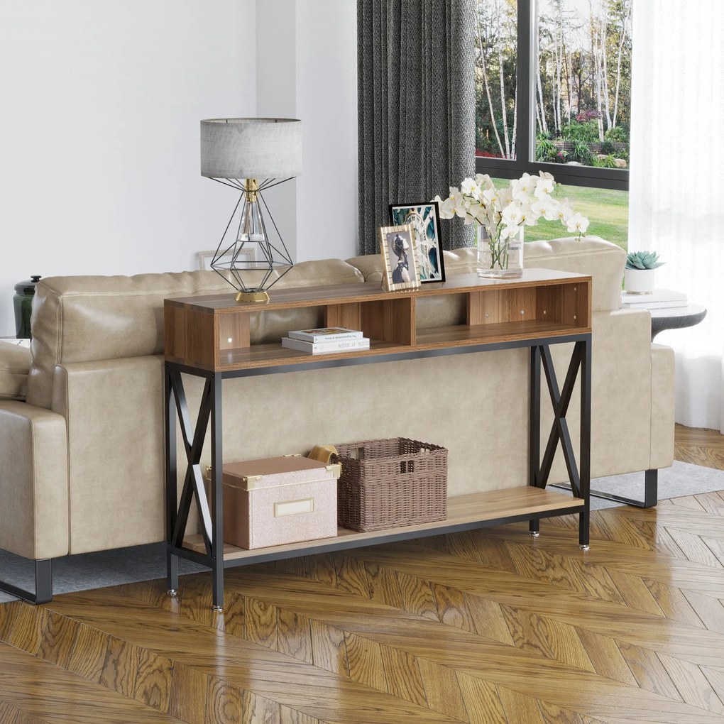 HOMCOM Průmyslový Víceúlohový Konsolový Stolek pro Předsíň 120 x 23,5 x 75 cm Ořechové Dřevo | Aosom