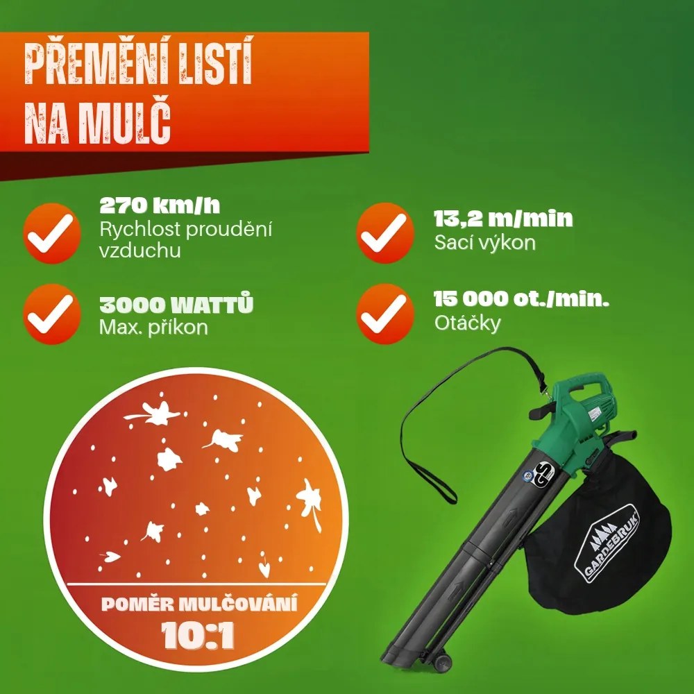 Elektrický vysavač listí WOLF, 3v1, zelená/černá Gardebruk
