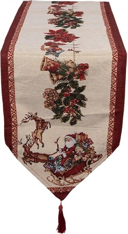 Béžovo-červený látkový běhoun se Santou a střapci - 33*180 cm