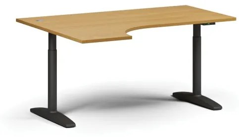 Výškově nastavitelný stůl OBOL, elektrický, 675-1325 mm, rohový levý, deska 1600x1200 mm, černá zaoblená podnož, buk