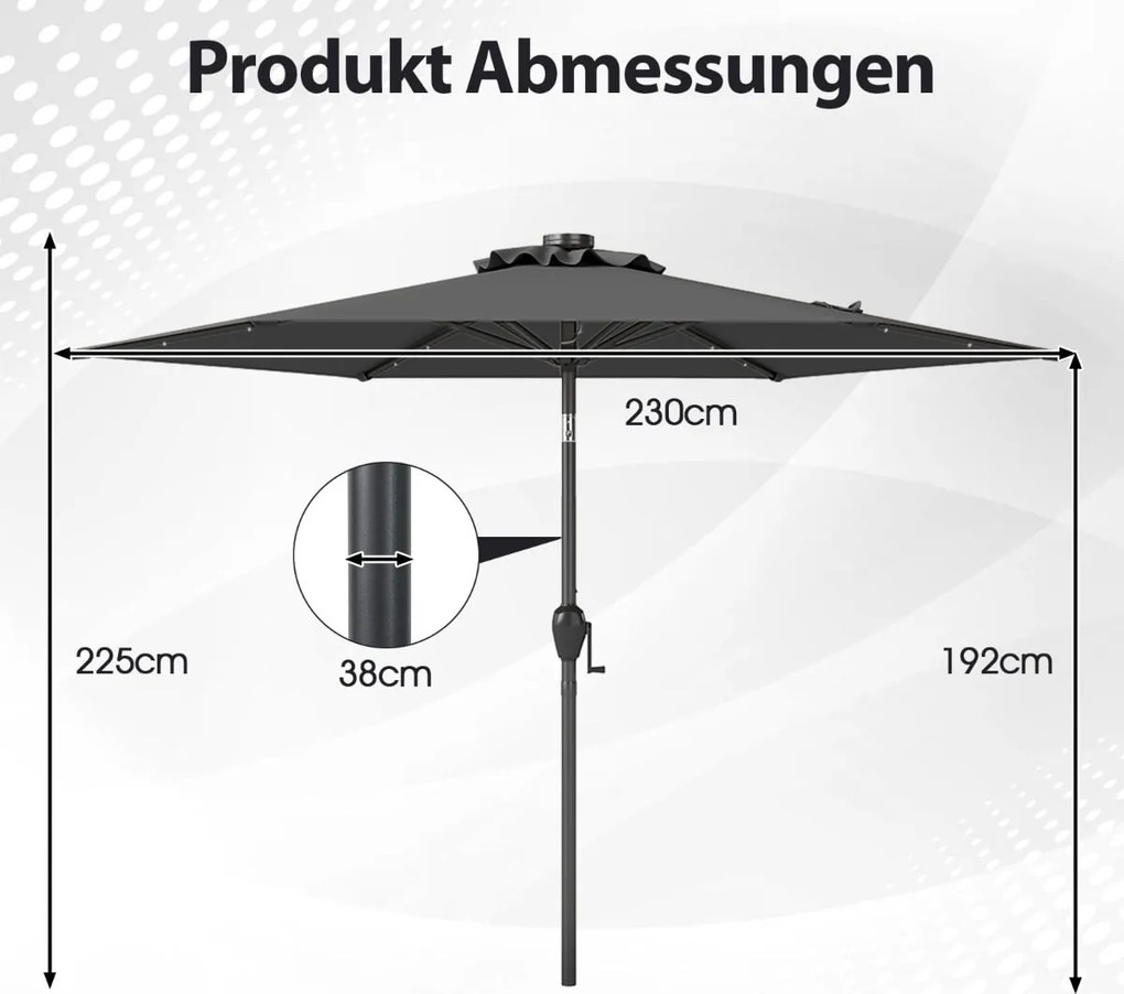 Costway Slunečník 230 cm s LED solárním osvětlením a klikou market, šedá